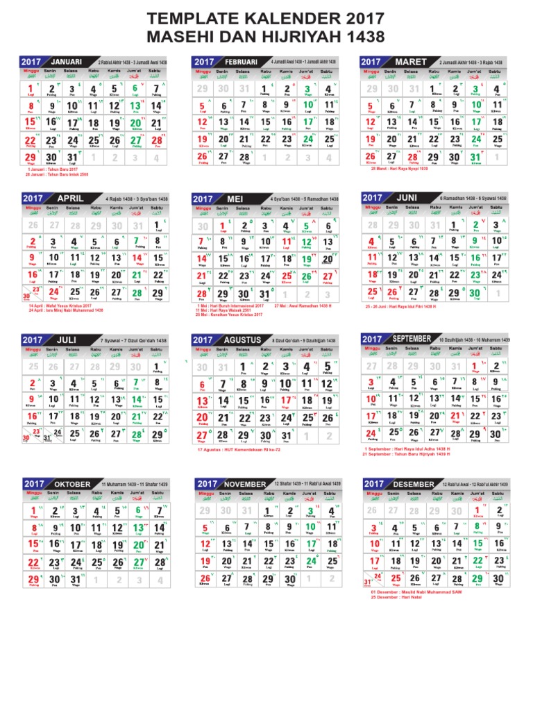 Template Kalender 2017 Lengkap Hijriyah Dan Hari Libur PDF | PDF
