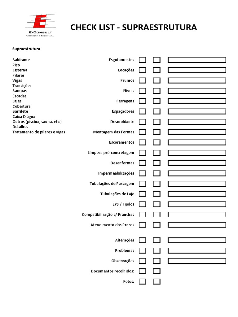Checklist completo para verificação da supraestrutura e acabamentos de ...