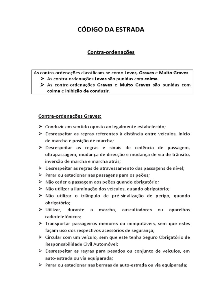 Contra-ordenações no Código da Estrada | PDF | Tráfego | Rodovia de ...