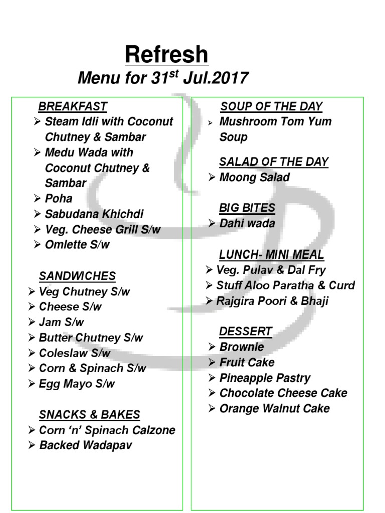 Refresh: Menu For 31 Jul.2017 | PDF