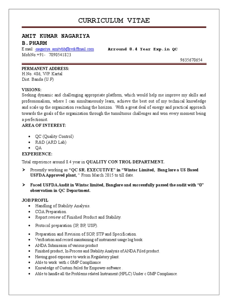 Amit Resume | PDF | High Performance Liquid Chromatography | Gas ...
