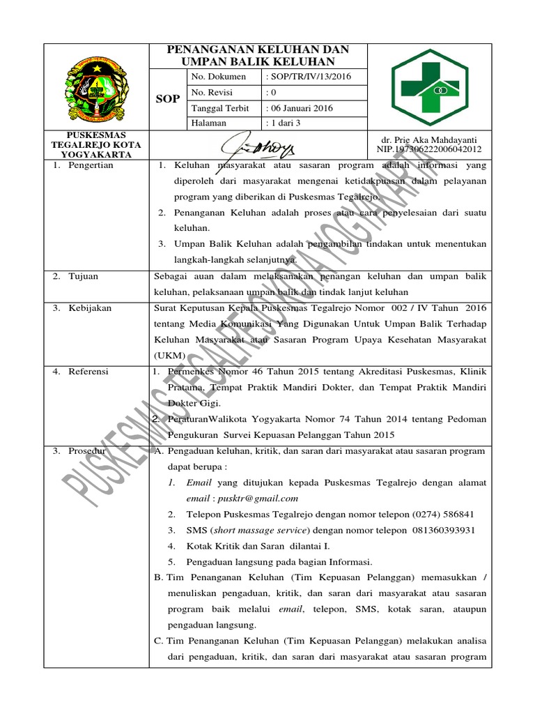 4.2.6.5. Sop Umpan Balik Dan Tindak Lanjut Keluhan | PDF