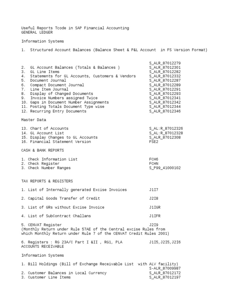 Useful Reports Tcode in SAP Financial Accounting | PDF | Accounts ...