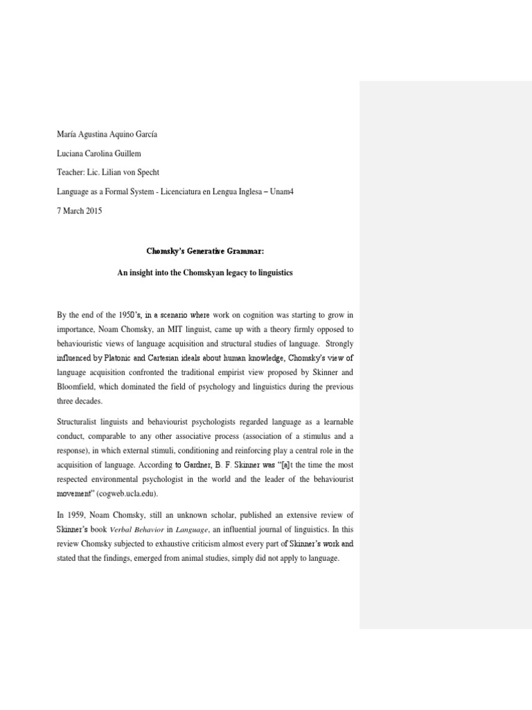 Chomsky's Generative Grammar: An Insight Into The Chomskyan Legacy To ...