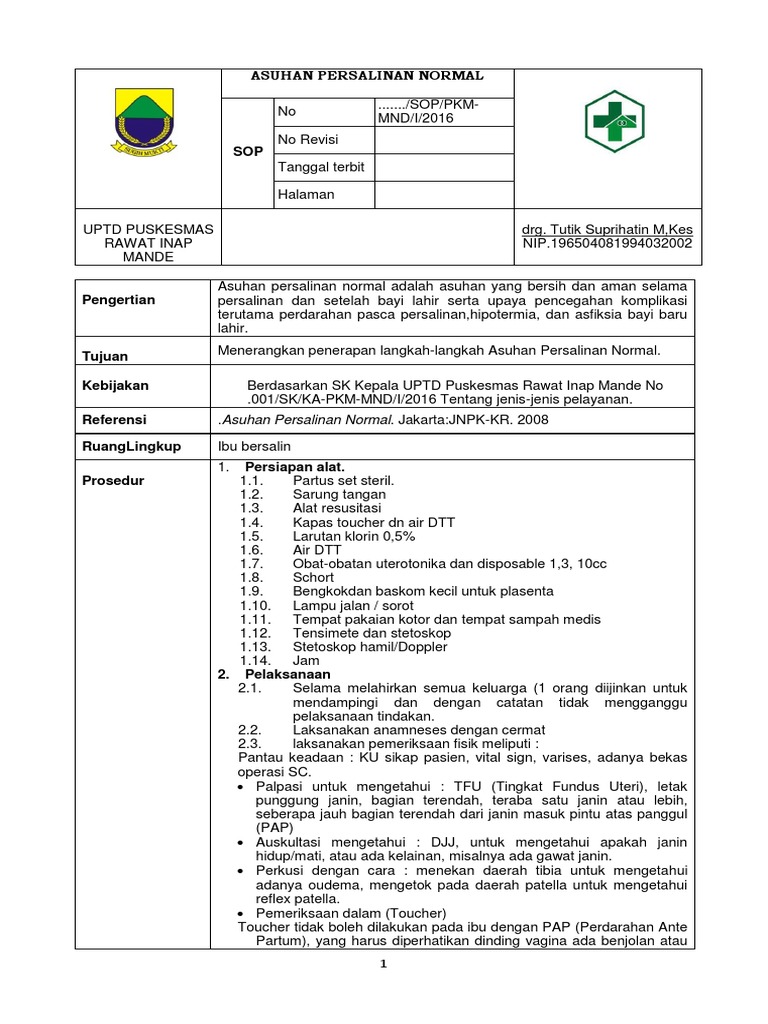 Sop Asuhan Persalinan Normal