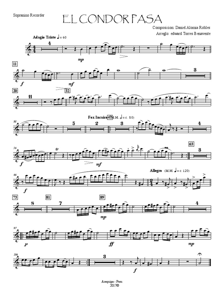 Condor Pasa Flautas - Sopranino Recorder | PDF