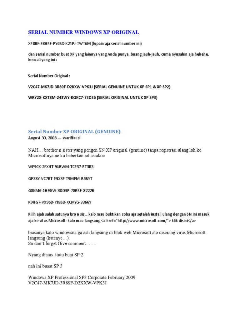 Windows XP SP3 Serial Numbers List | PDF | Games & Activities ...