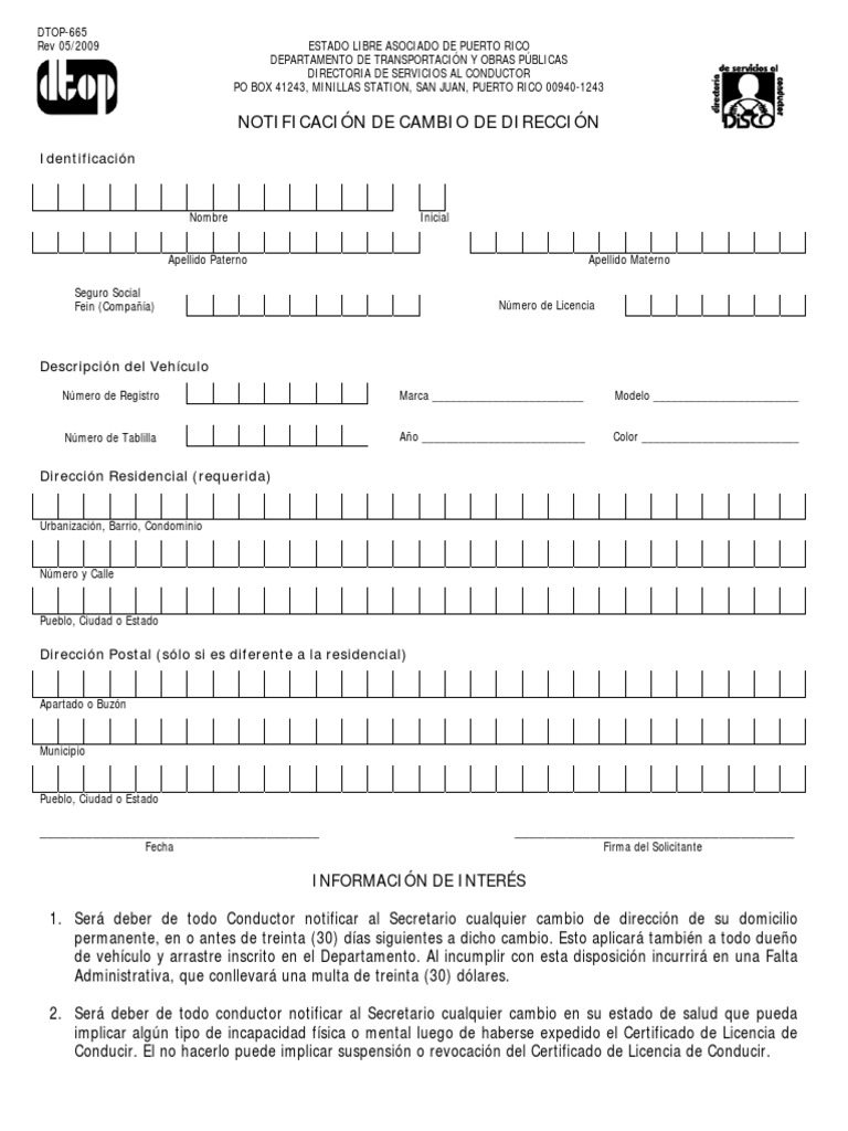 Cambio de dirección DTOP-665 | PDF