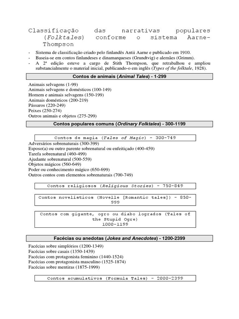 AARNE-THOMPSON - Classificação Das Narrativas Populares (Folktales ...
