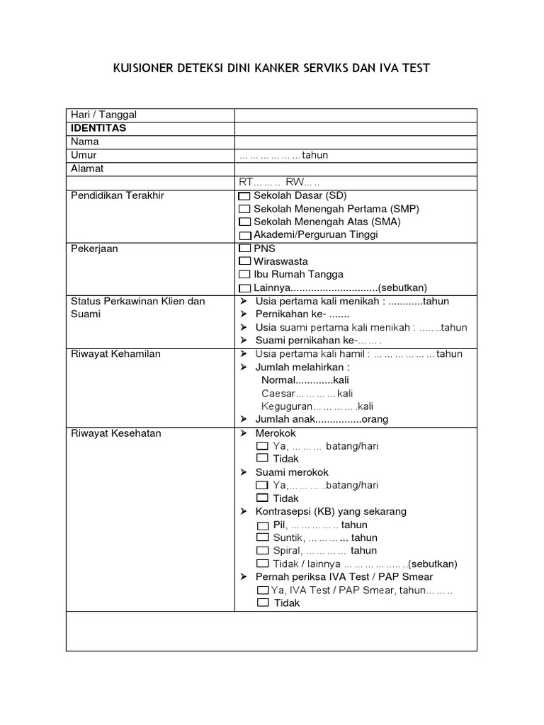 Kuisioner Deteksi Dini Kanker Serviks Dan IVA Test | PDF | Kesehatan ...