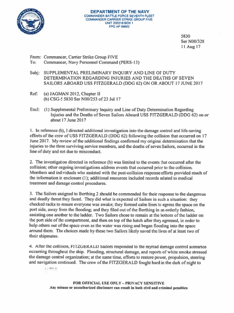 US Navy Preliminary Supplemental Inquiry Into USS Fitzgerald Collision ...
