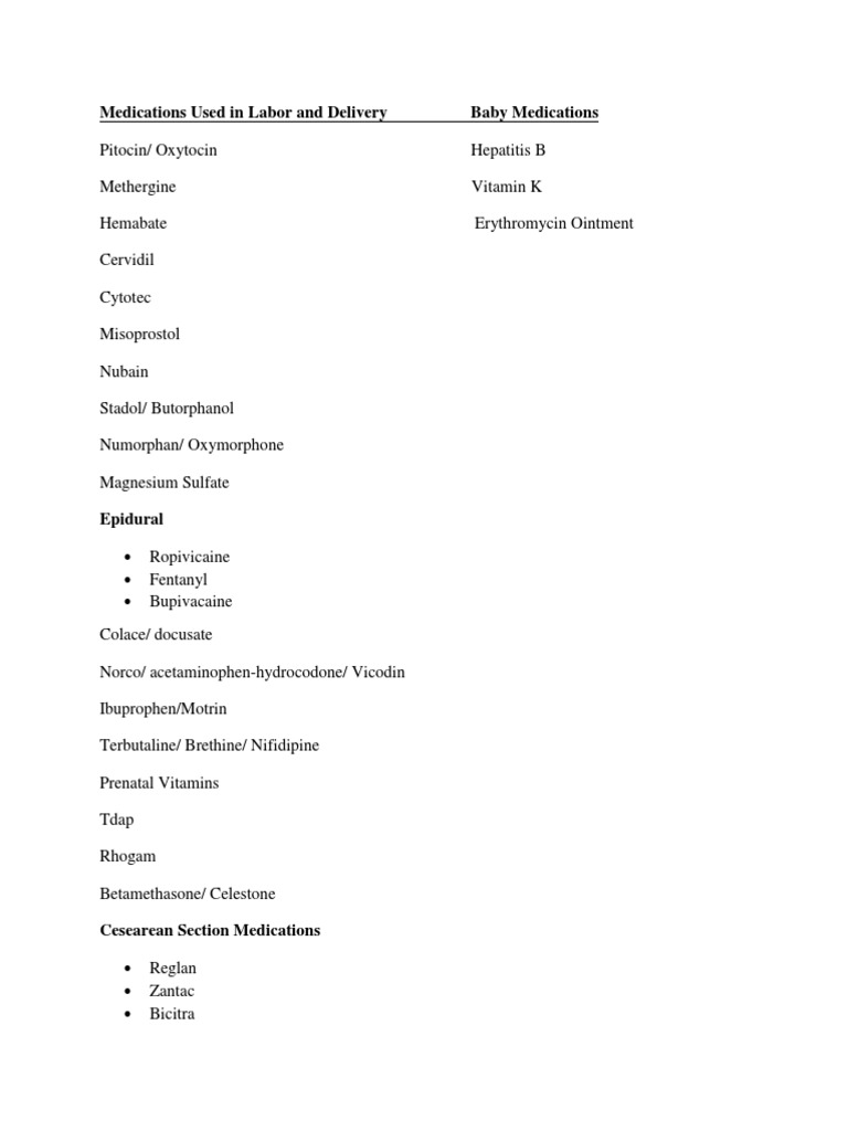 Medications Used in Labor and Delivery Baby Medications | PDF