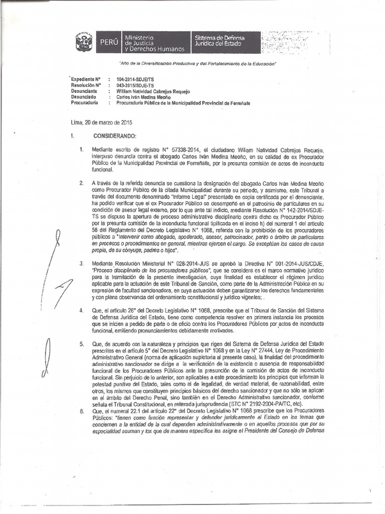 Resolucion 043-2015/SDJE-TS Por INCONDUCTA FUNCIONAL | PDF