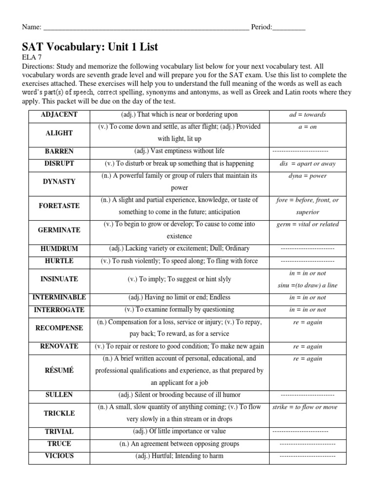 Unit 1 Word List and Directions | PDF | Test (Assessment)
