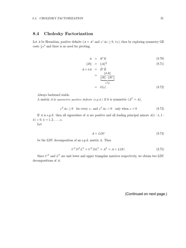 8.4 Cholesky Factorization: (Continued On Next Page.) | PDF | Functional Analysis | Operator Theory