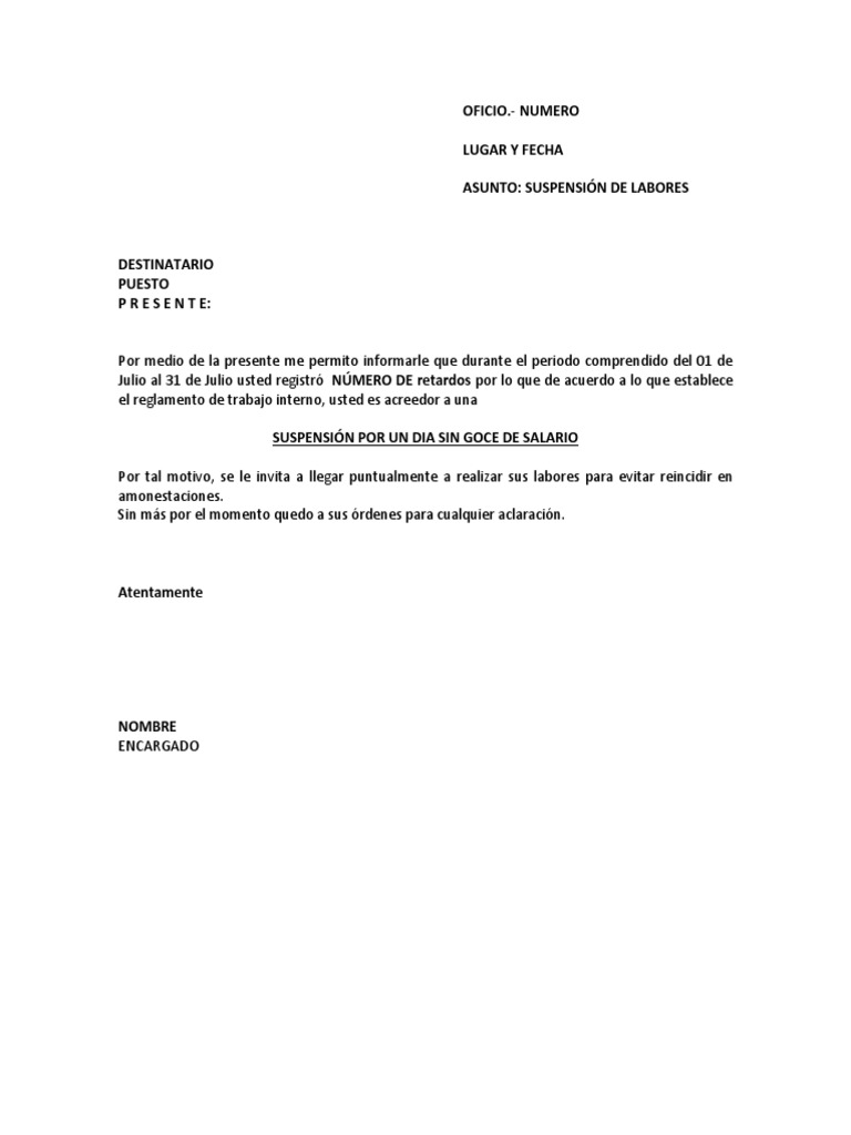 Ejemplo de Carta de Suspension Laboral | PDF Ejemplo de Carta de Suspension Laboral | PDF