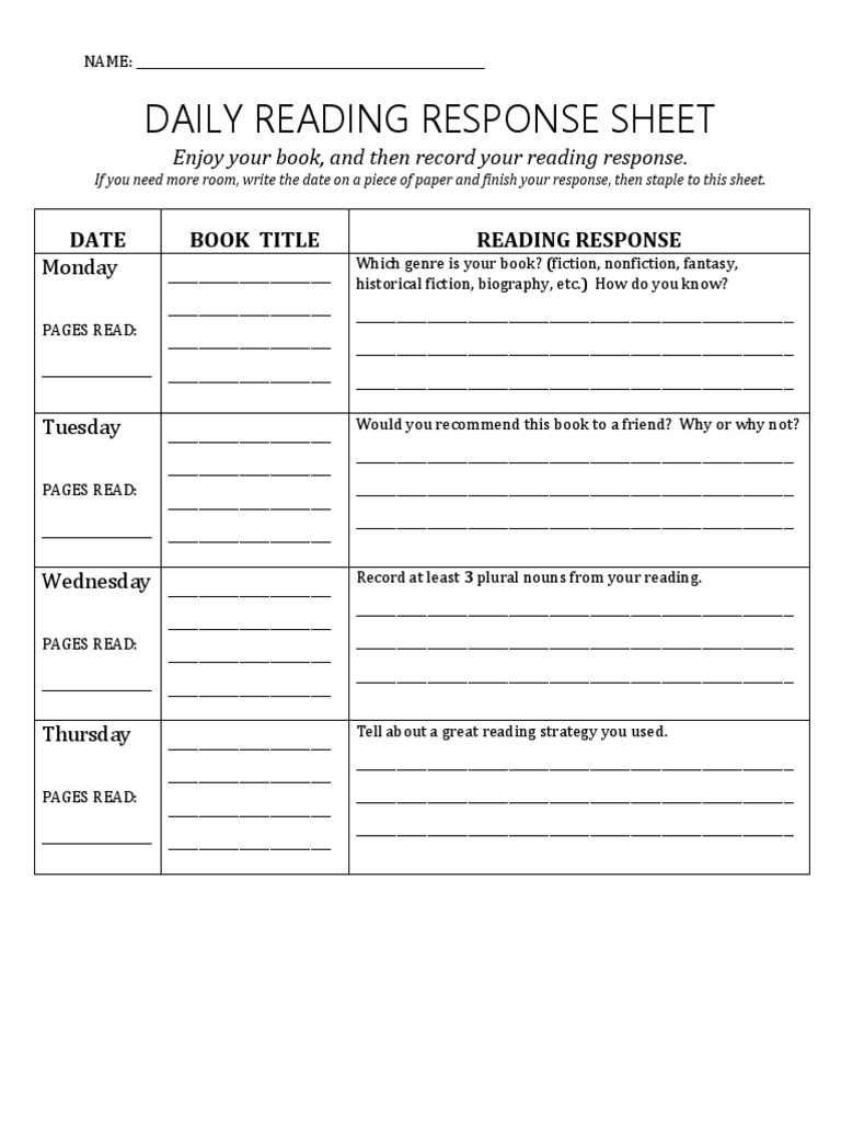 Reading Respones Log 8-21-17 | PDF