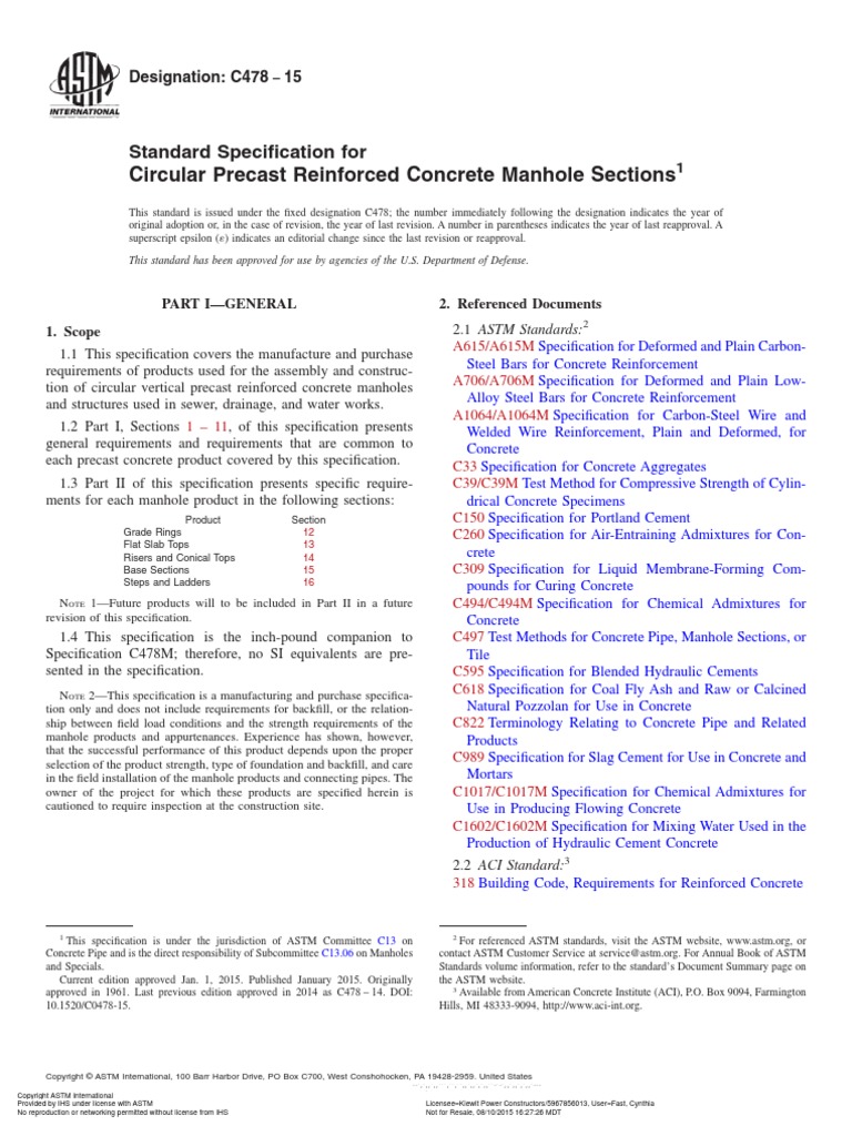 ASTM C478 15 Manholes PDF | PDF | Concrete | Cement