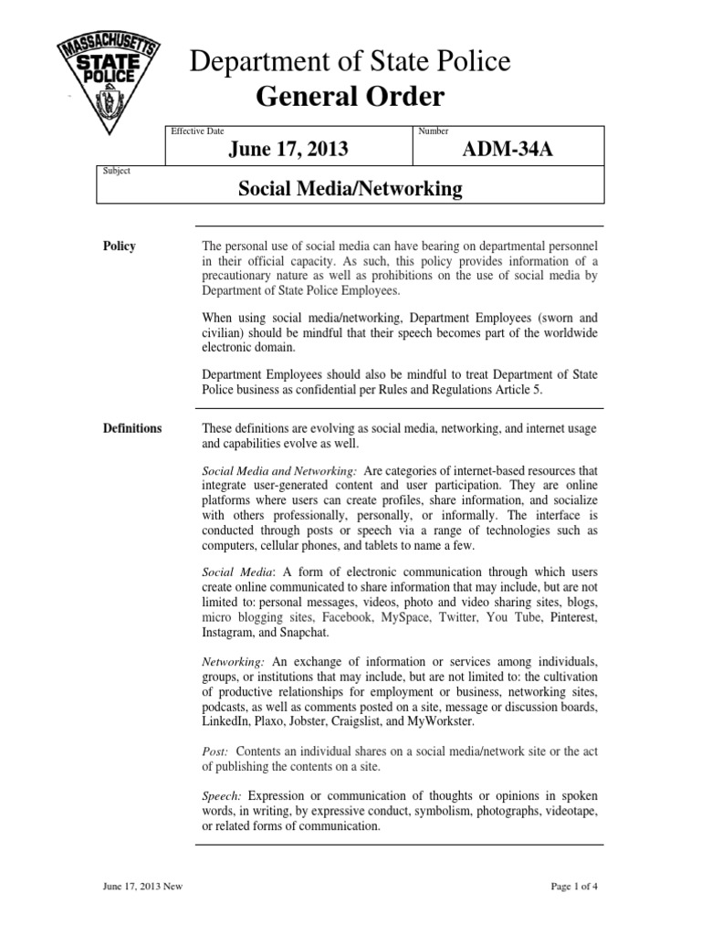 Massachusetts State Police Social Media Policy | PDF | Social Media ...