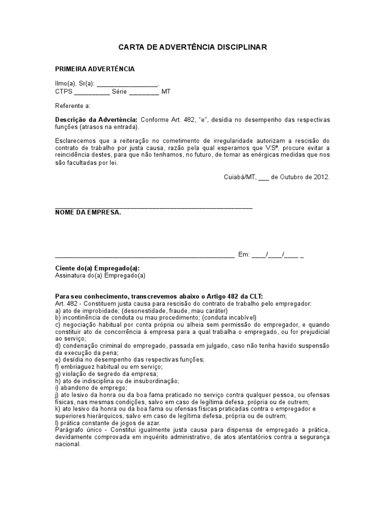 Carta de Advertencia Disciplinar Modelo | PDF