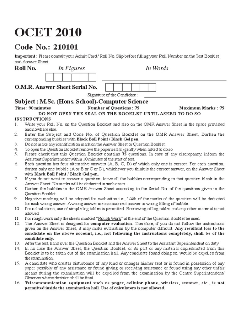 M.Sc. Computer Science Entrance Exam 2010 | PDF | Computer Data Storage ...