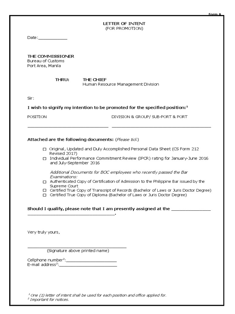FORM A BOC Letter of Intent Promotion | PDF