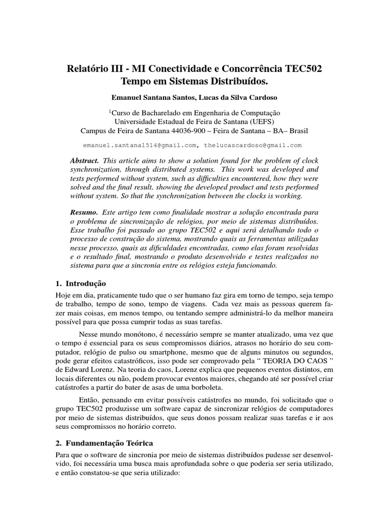 Relatorio III - MI Conectividade e Concorrência TEC502 - Tempo em Sistemas Distribu Idos | PDF ...