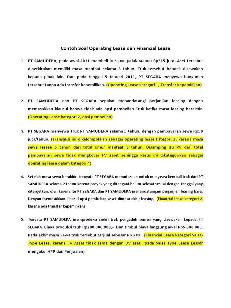 Contoh Soal Operating Lease Dan Financial Lease | PDF