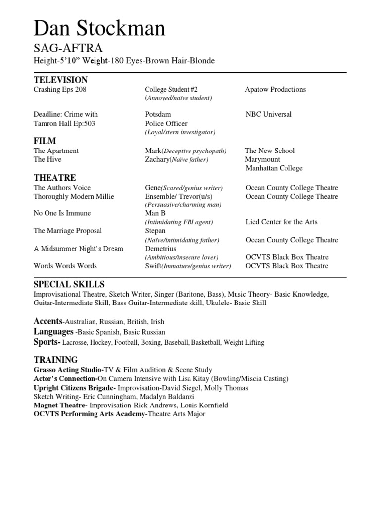 Dan Stockman Acting Resume Summary | PDF | Performing Arts | Entertainment