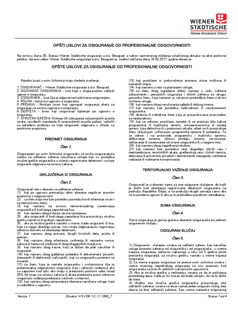 Opšti Uslovi Za Osiguranje Od Profesionalne Odgovornosti | PDF