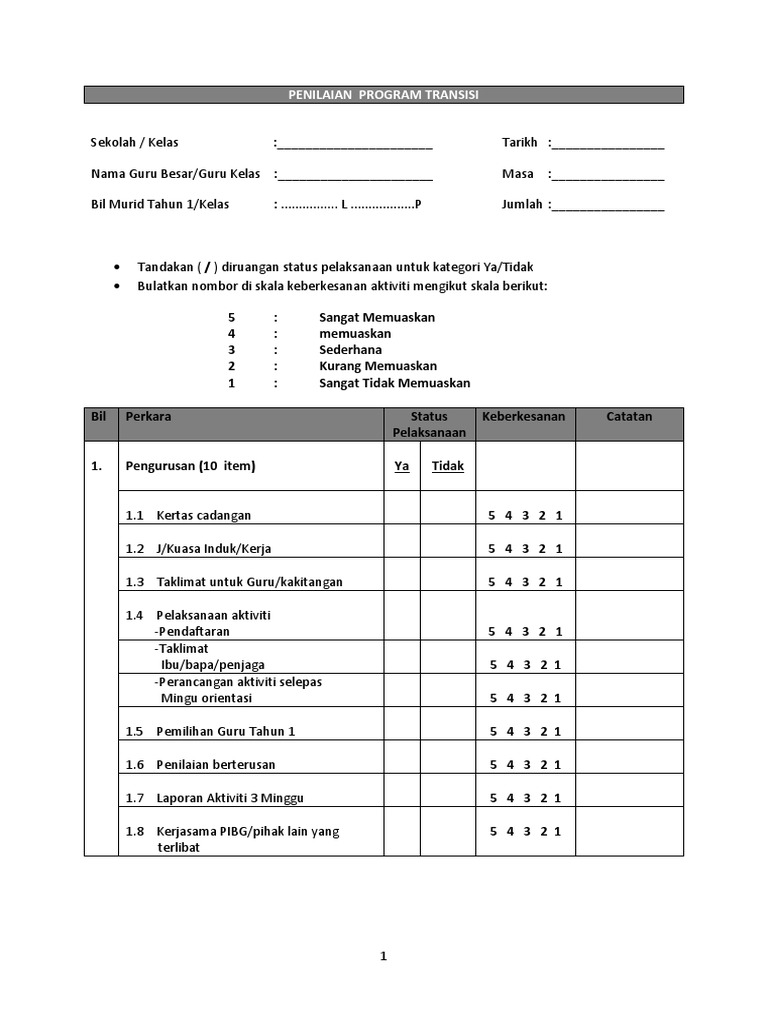 Instrumen Penilaian Program Transisi Tahun 1 (Pegawai PPD | PDF