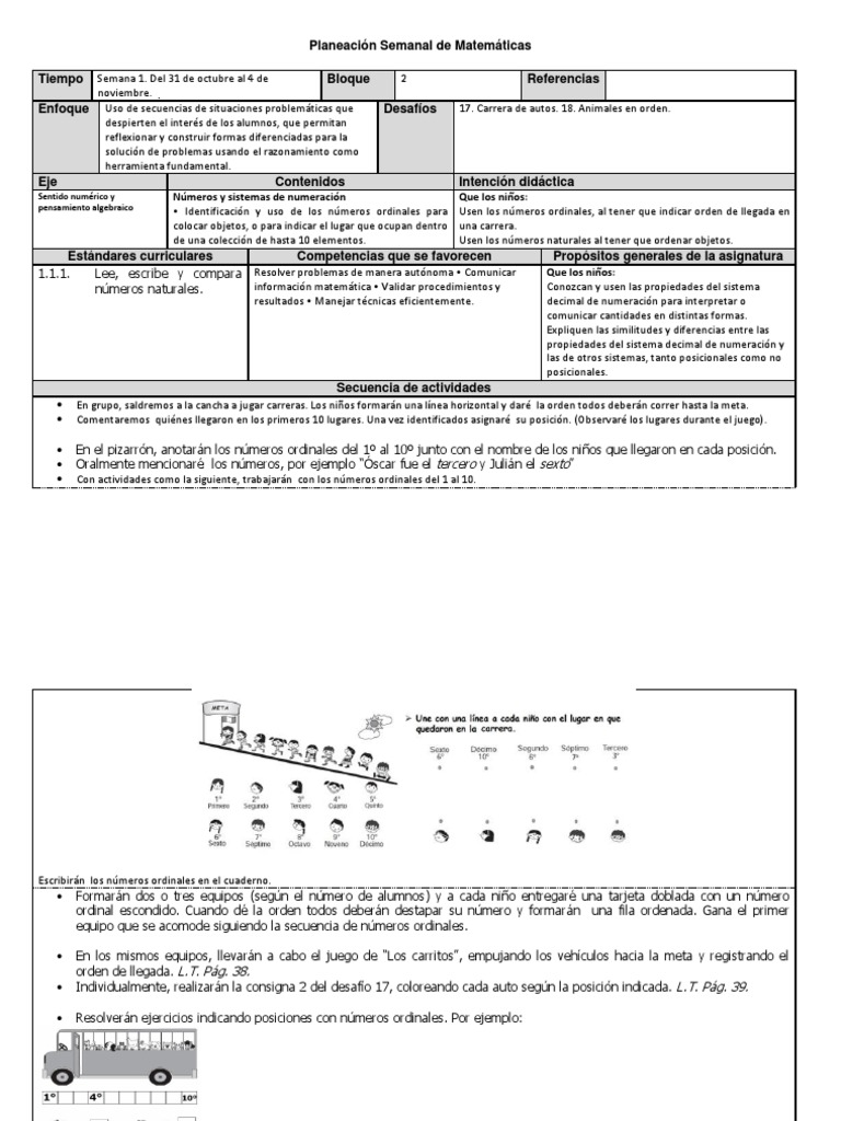 Planeacion Semanal Primer Grado Matematicas | PDF | Sustracción | Dinero