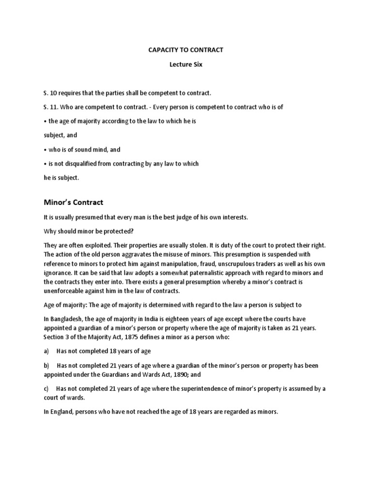 Minor's Contract: Capacity To Contract Lecture Six | PDF | Law Of ...