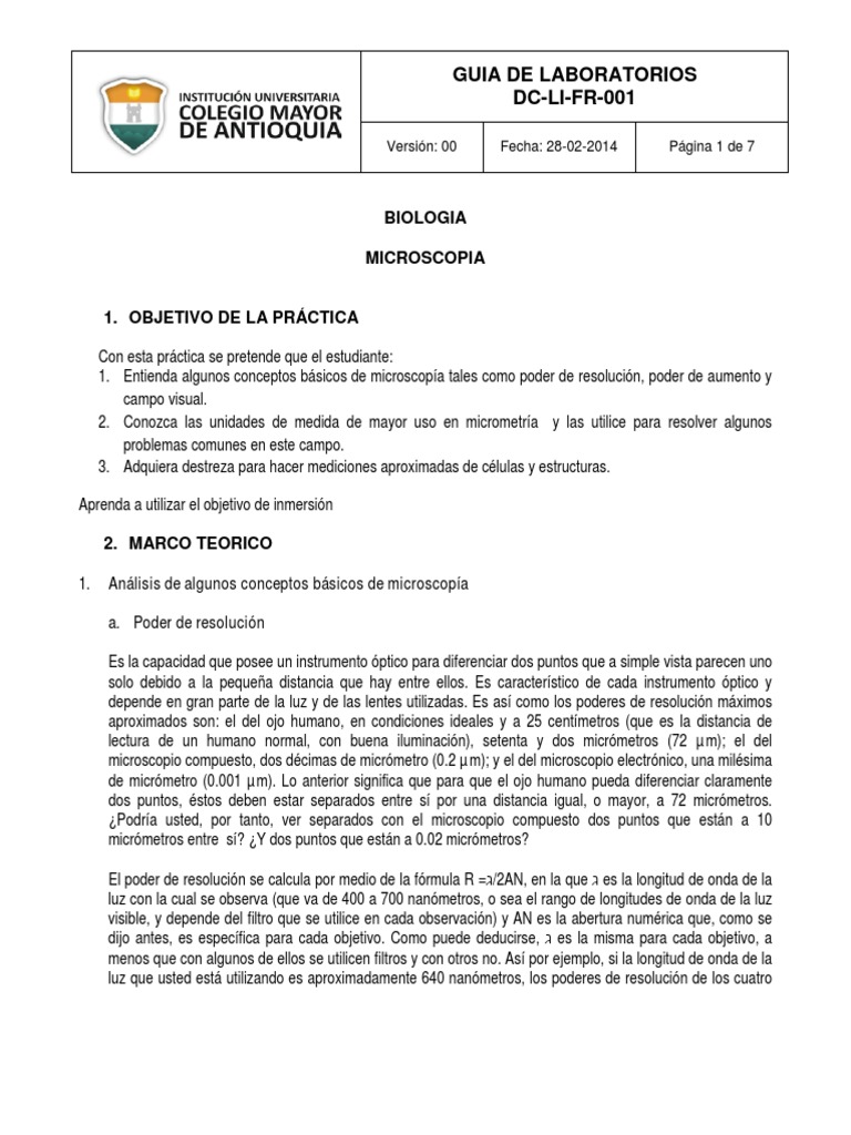 DC-LI-FR-001 Práctica 1 Biologia - Micros | PDF | Microscopio | Ligero