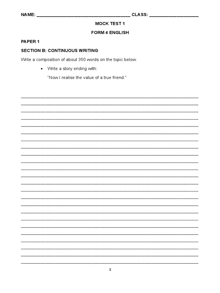 NAME: - CLASS: - Mock Test 1 Form 4 English Paper 1 Section B ...