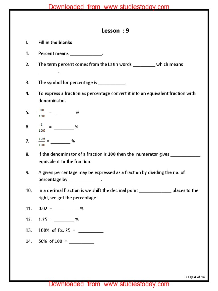 CBSE Class 5 Mathematics Worksheet - Percentage PDF | PDF | Fraction ...