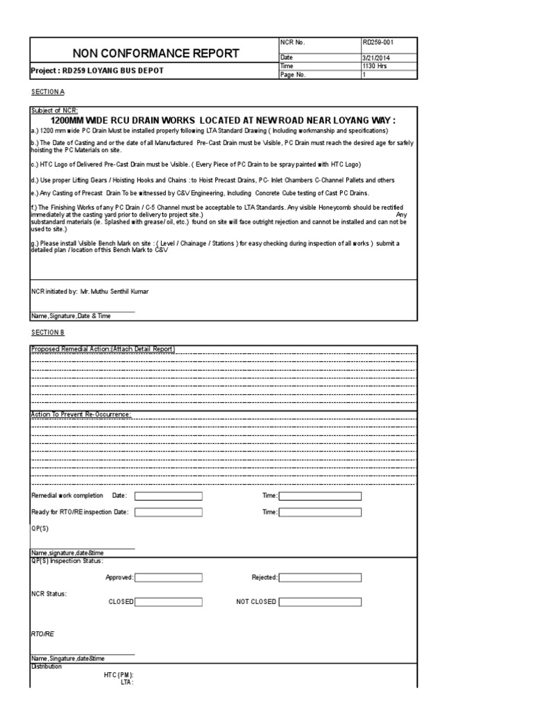 NCR Report on Drain Works | PDF | Precast Concrete | Engineering
