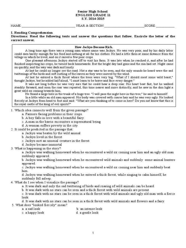 Senior High School Comprehensive Exam | PDF | Paragraph | Fairy Tales