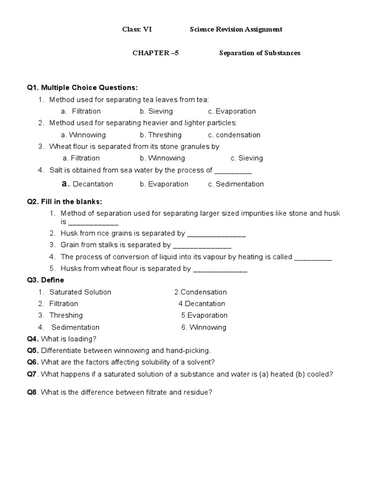 Separation of Substances Assignment Class 5 CBSE | PDF
