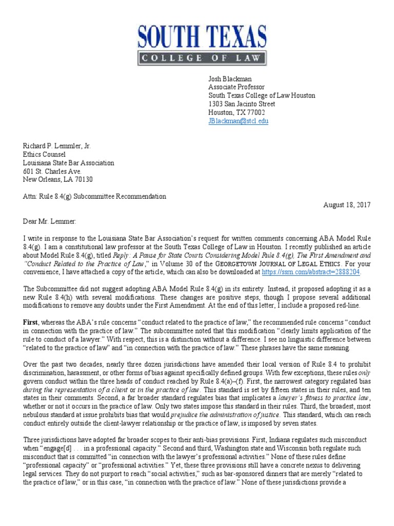 Letter From Professor Josh Blackman To Louisiana State Bar Association ...