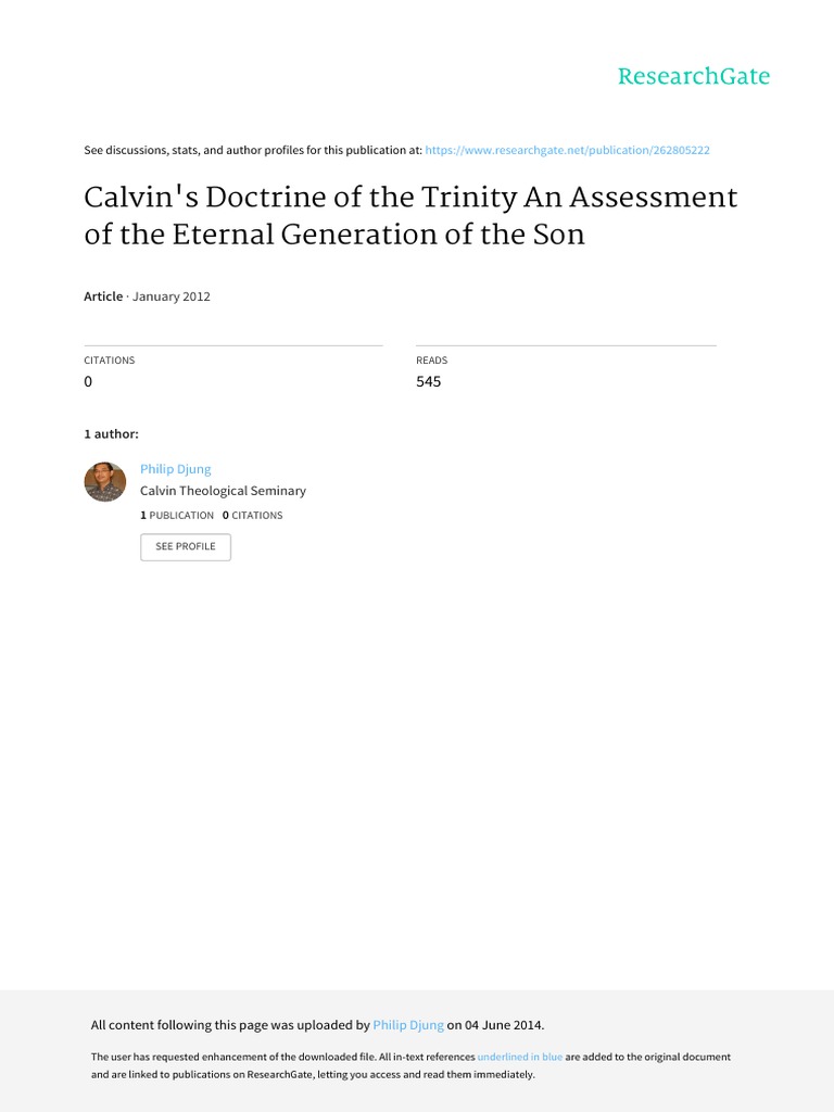 Philip Djung Calvin Doctrine of The Trinity | PDF | Trinity | John Calvin