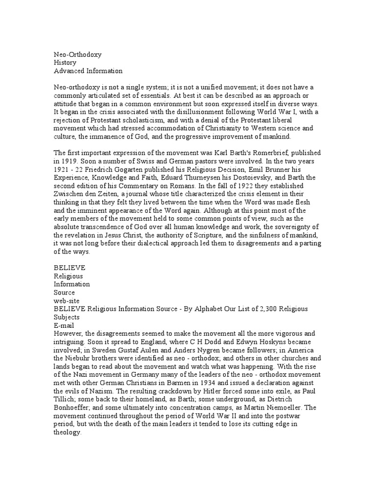 Neo Orthodoxy PDF | PDF | Karl Barth | Protestantism