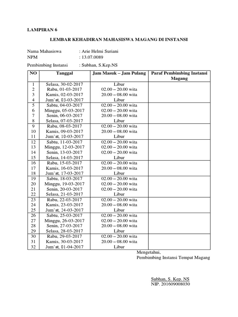 Lampiran 6 Lembar Kehadiran Mahasiswa Magang Di Instansi | PDF