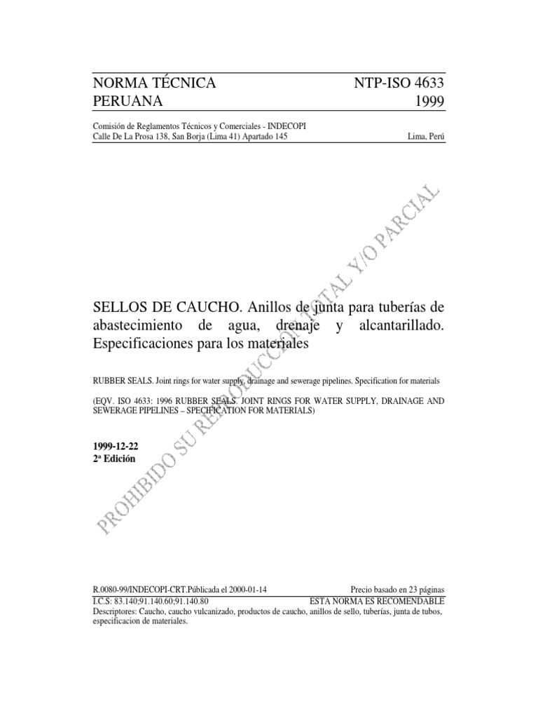 NTP ISO 4633-1999 - Anilos de Caucho para Tuberias y Accesorios | PDF ...