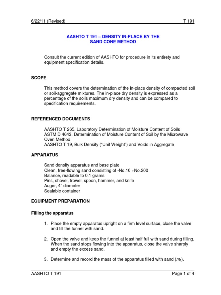 Aashto t191 Density in Place by The Sand Cone Method PDF | PDF