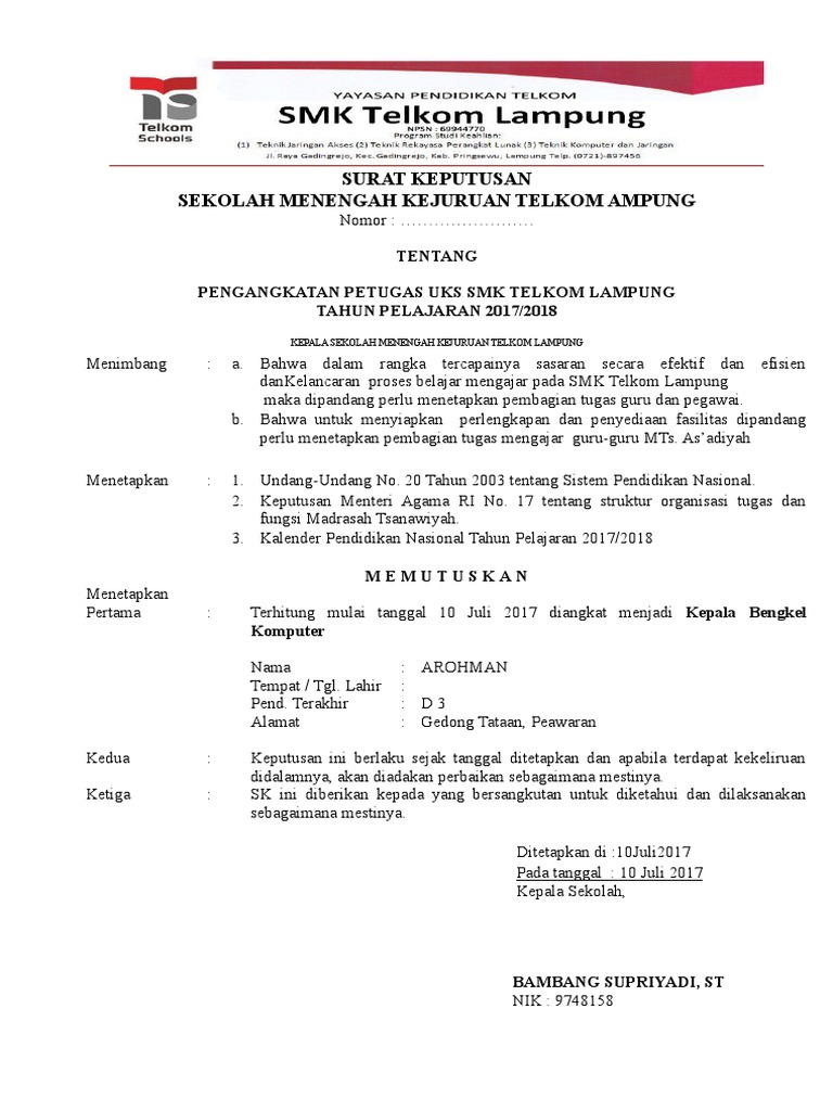 11 Contoh SK Pengangkatan Sebagai Kepala Lab. IPA Format Word Terbaru | PDF