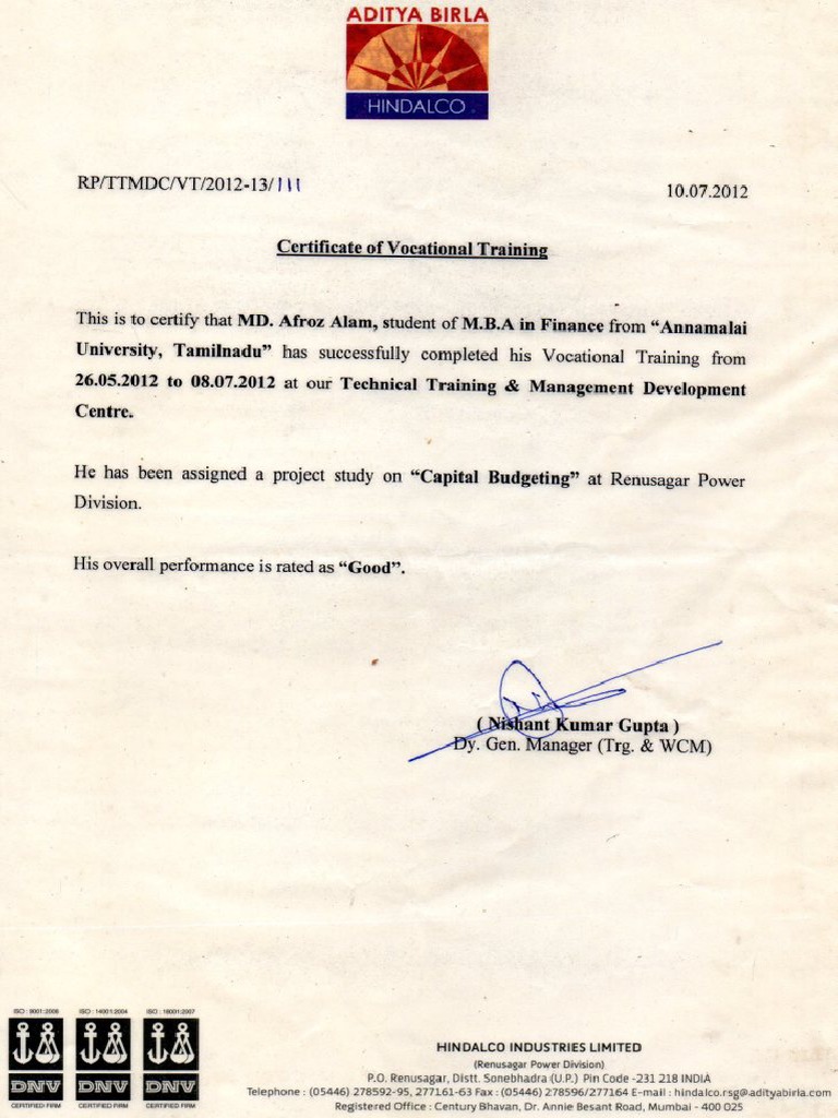 Hindalco Project Vocational Training Certificate | PDF