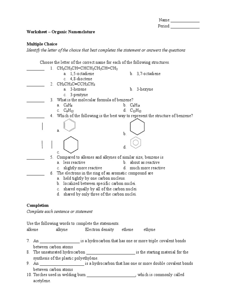 Worksheet Naming | PDF | Alkene | Hydrocarbons