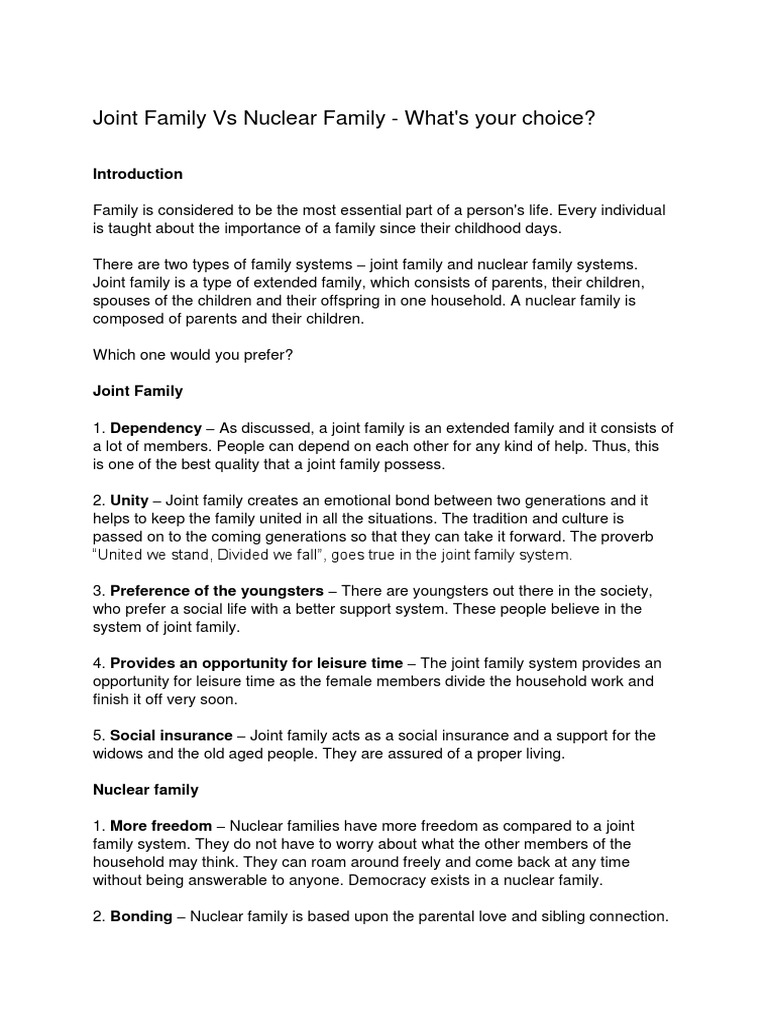 Joint vs Nuclear Family: Key Differences | PDF | Family | Interpersonal ...