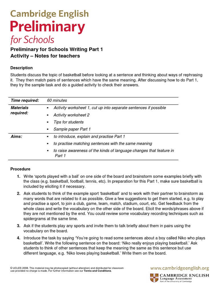 Cambridge English Preliminary For Schools Pet For Schools Writing Part ...